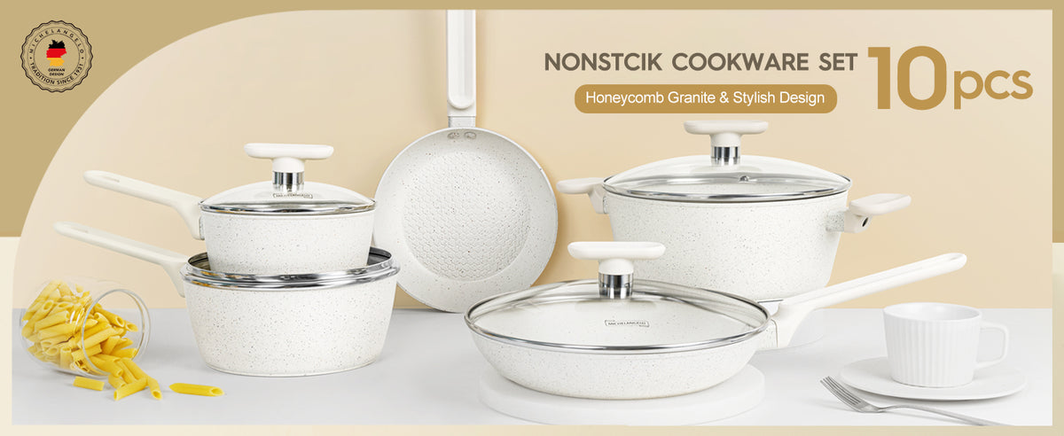 MICHELANGELO Pots and Pans Set 10 Piece, White Granite Cookware Set ...