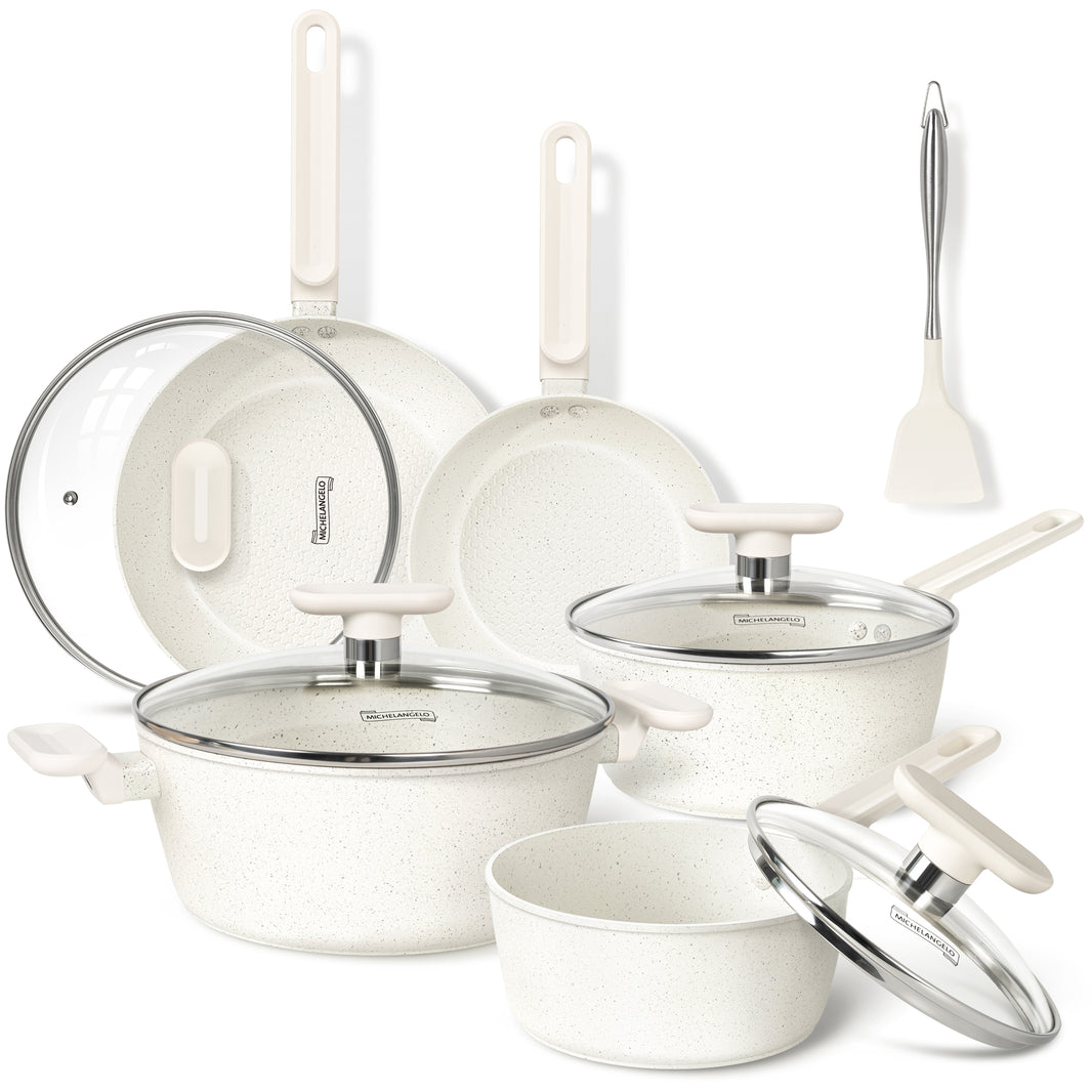 MICHELANGELO Pots and Pans Set 10 Piece, White Granite Cookware Set ...