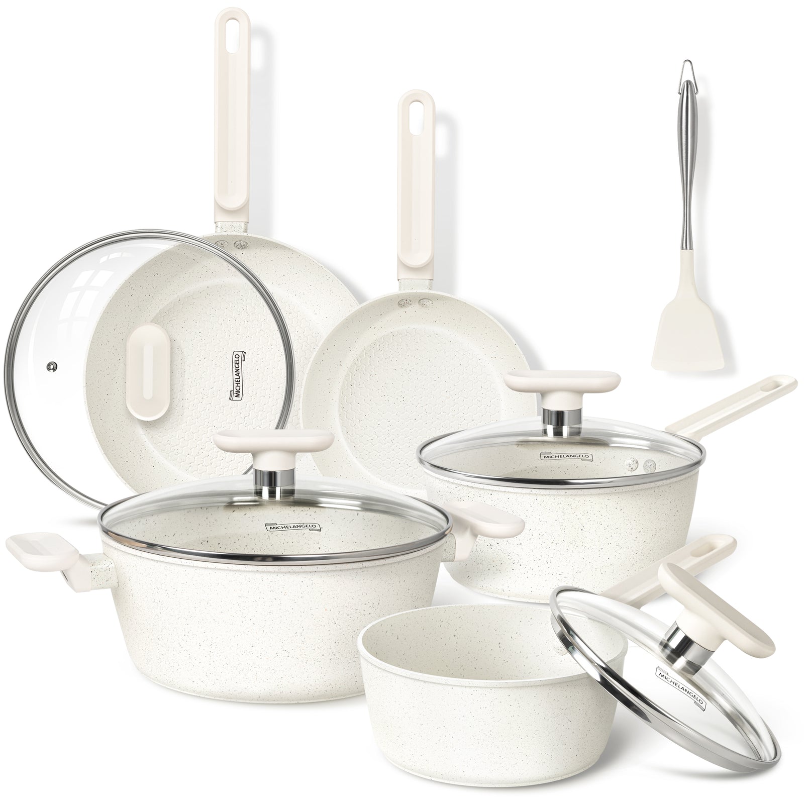 MICHELANGELO Pots and Pans Set 10 Piece, White Granite Cookware Set ...