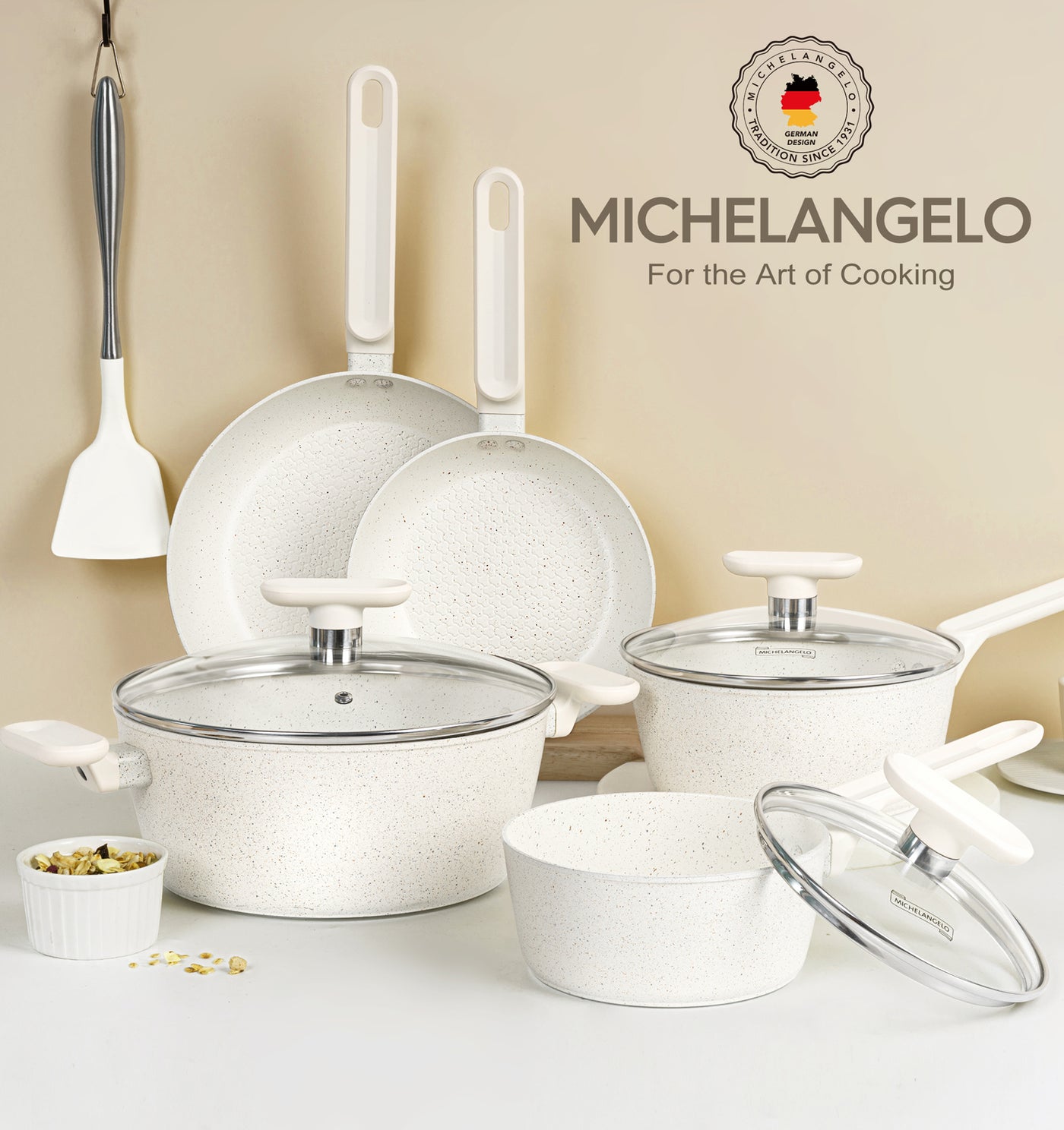 MICHELANGELO Pots and Pans Set 10 Piece, White Granite Cookware Set ...