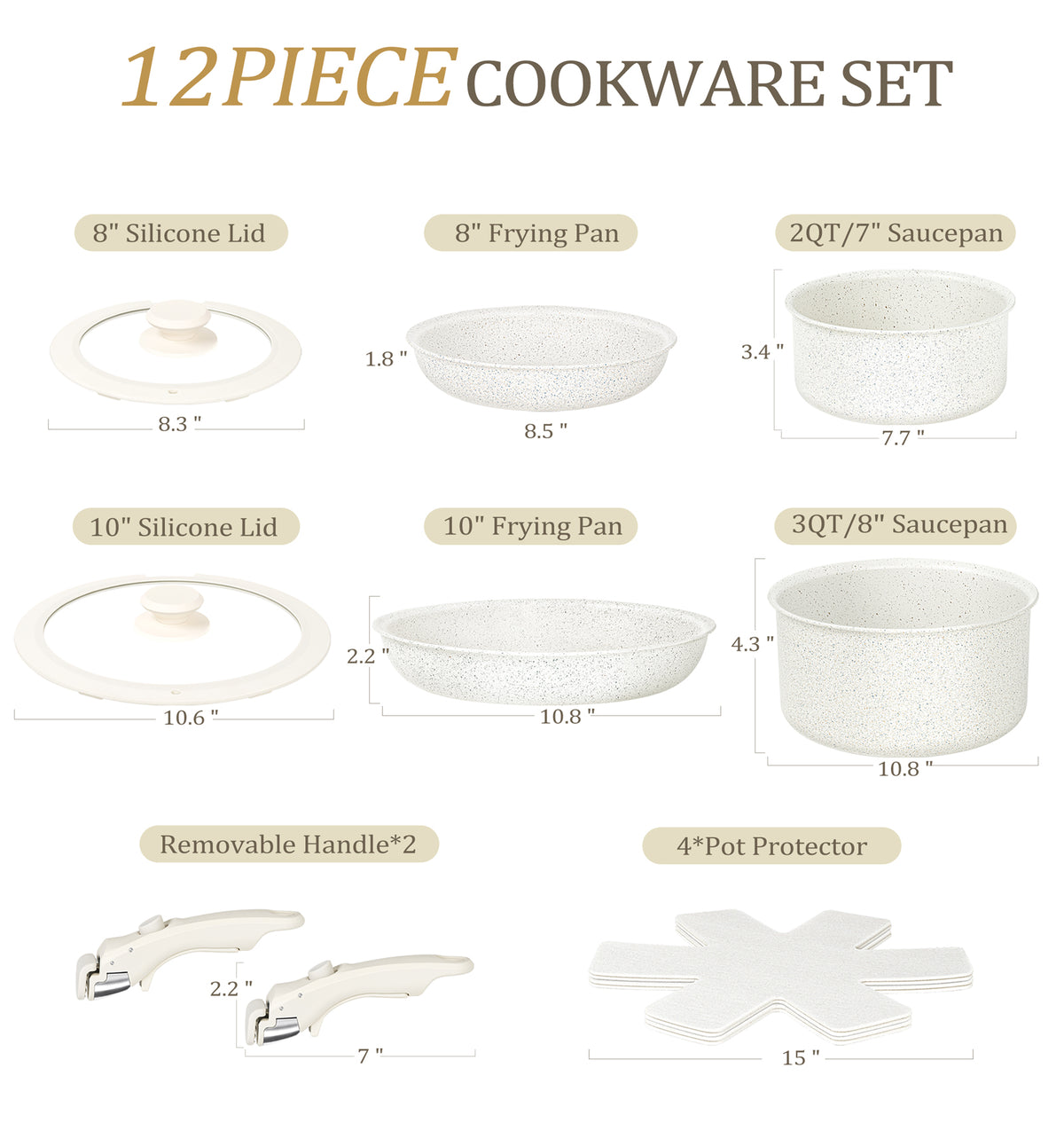 MICHELANGELO Pots and Pans Set Removable Handle, 12 Piece Nonstick Kit ...