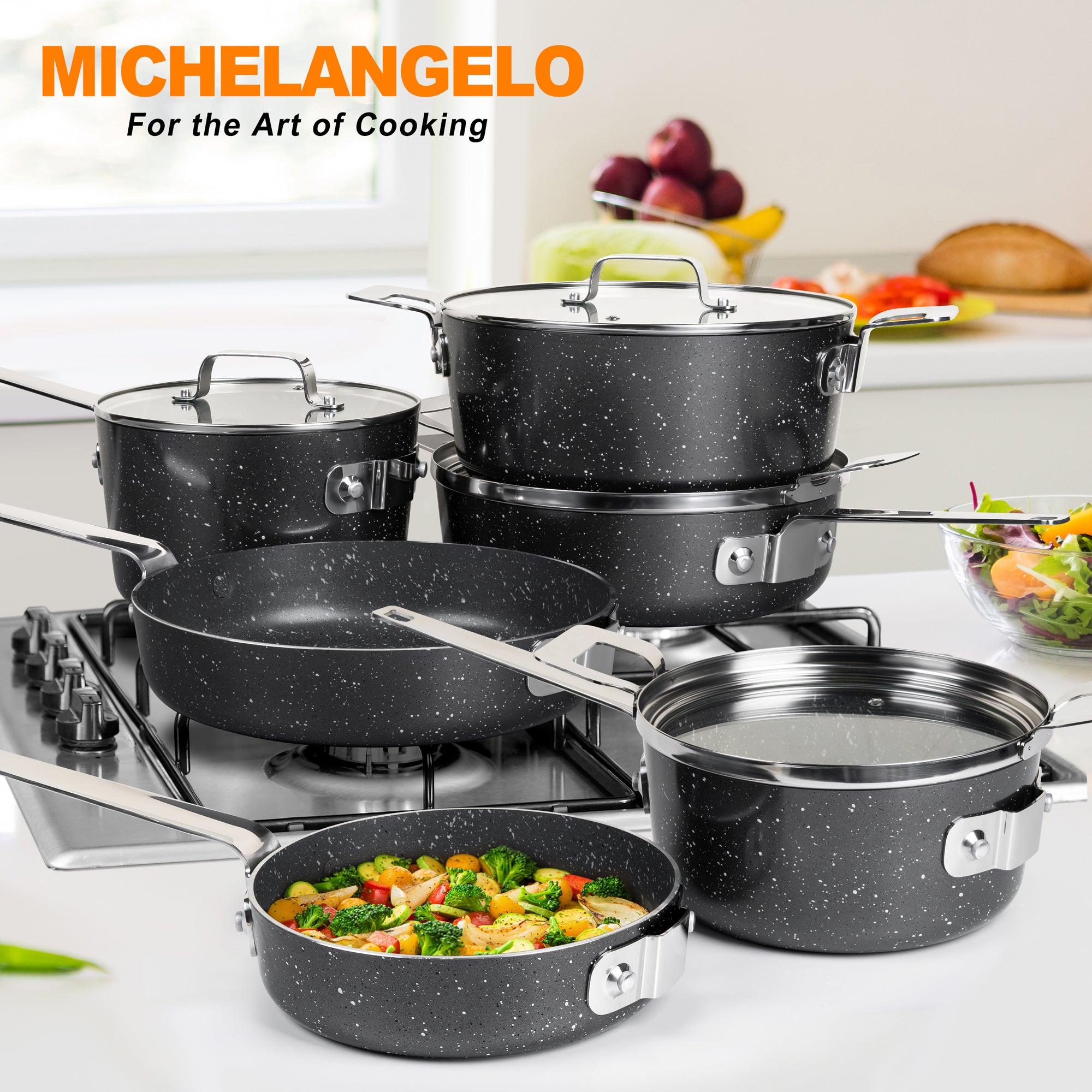 MICHELANGELO Stackable Pots and Pans Set 10 Piece Gray Saves 55 More Space